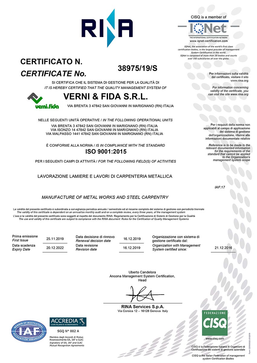 Qualità e certificazioni | Verni & Fida
